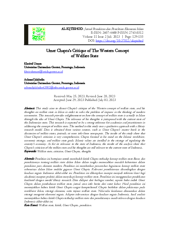 (PDF) Umer Chapra's Critique of The Western Concept of Welfare State