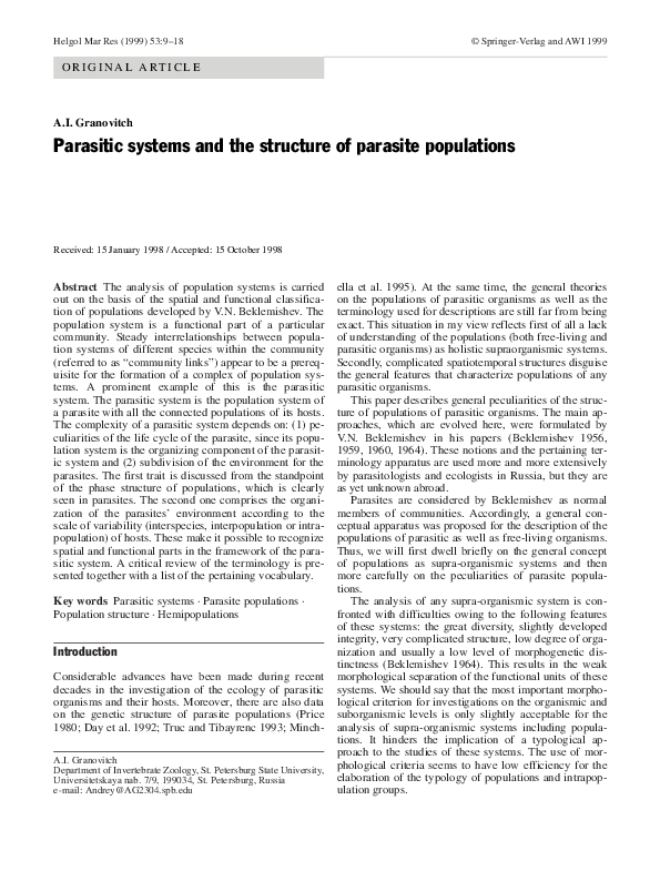 (PDF) Parasitic systems and the structure of parasite populations ...