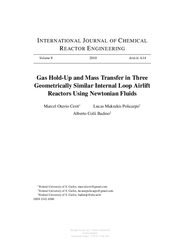(PDF) Gas Hold-Up and Mass Transfer in Three Geometrically Similar ...