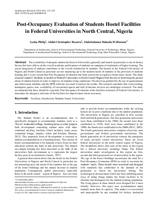 (PDF) Post‐occupancy evaluation of postgraduate hostel facilities