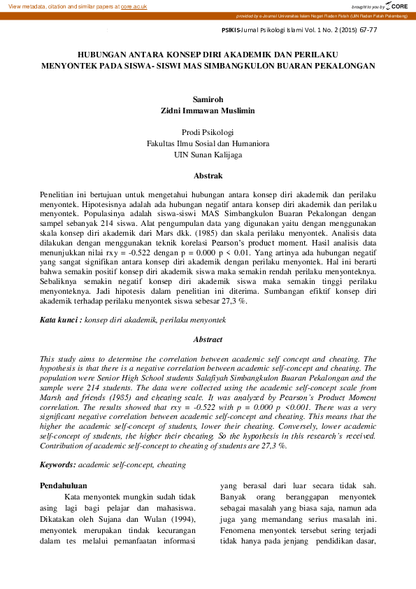 (PDF) Hubungan Antara Konsep Diri Akademik Dan Perilaku Menyontek Pada Siswa- Siswi Mas ...