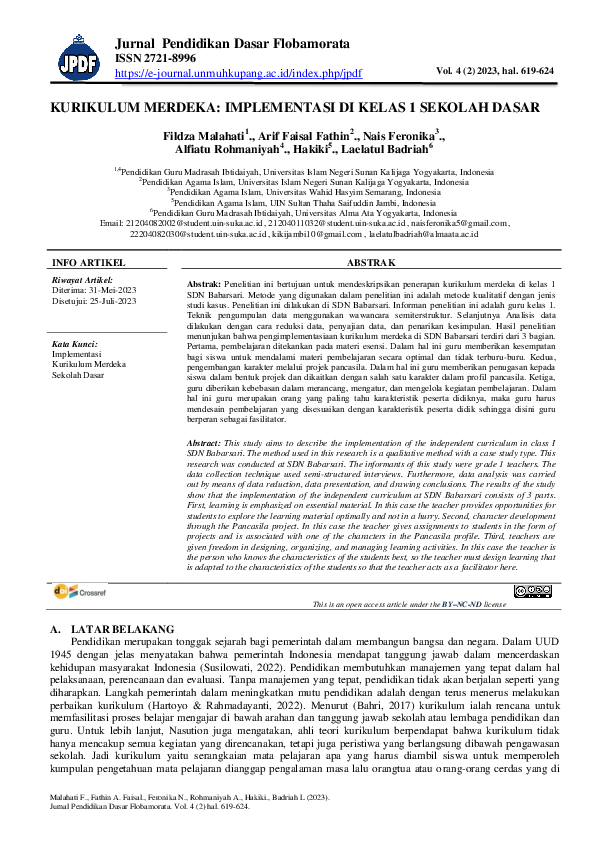 (PDF) Kurikulum Merdeka: Implementasi DI Kelas 1 Sekolah Dasar