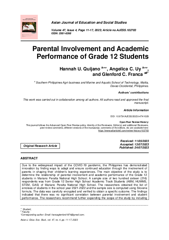 (PDF) Parental Involvement and Academic Performance of Grade 12 Students