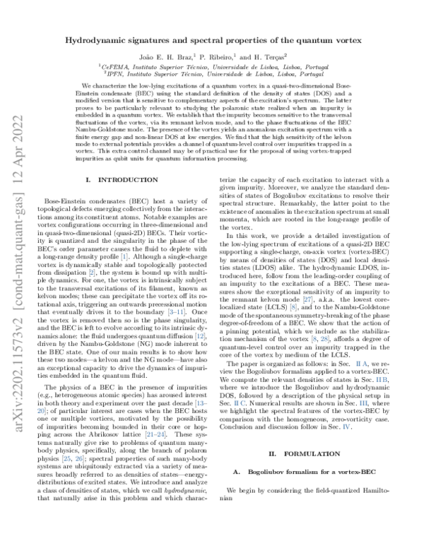 (PDF) Hydrodynamic signatures and spectral properties of the quantum vortex