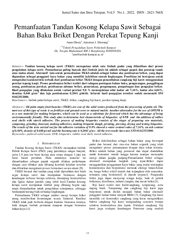 (PDF) Pemanfaatan Tandan Kosong Kelapa Sawit Sebagai Bahan Baku Briket ...