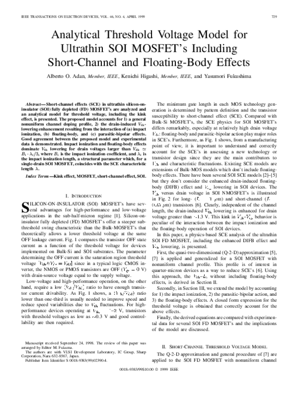 Pdf Analytical Threshold Voltage Model For Ultrathin Soi Mosfets