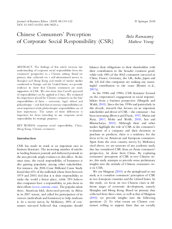 (PDF) Chinese Consumers’ Perception of Corporate Social Responsibility ...