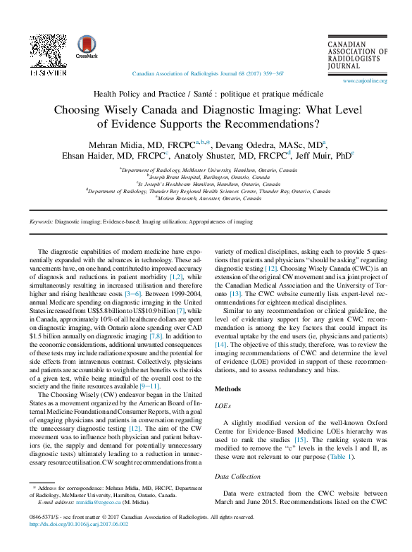 (PDF) Choosing Wisely Canada and Diagnostic Imaging: What Level of Evidence Supports the ...