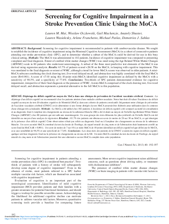 (PDF) Screening for Cognitive Impairment in a Stroke Prevention Clinic ...