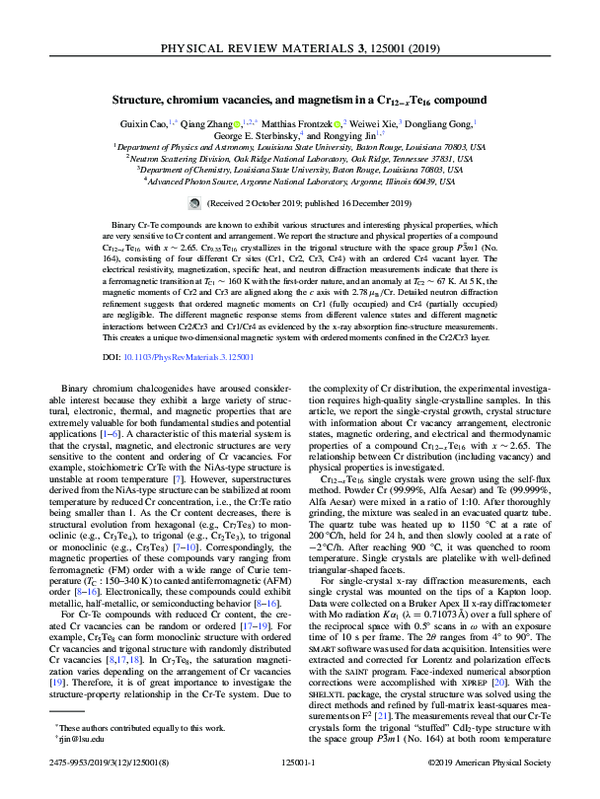 (PDF) Structure, chromium vacancies, and magnetism in a Cr12−xTe16 compound