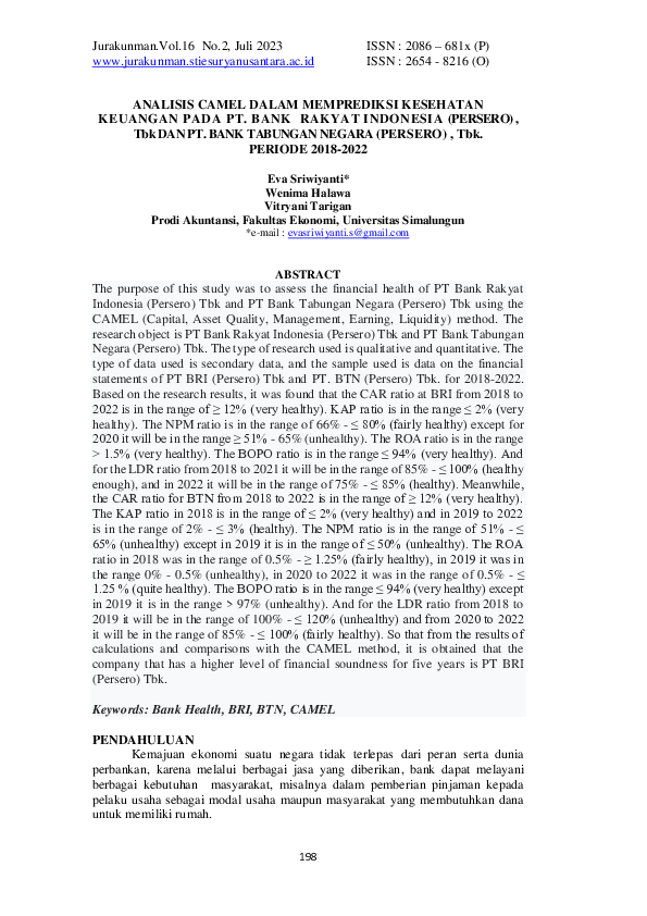 (PDF) ANALISIS CAMEL DALAM MEMPREDIKSI KESEHATAN KEUANGAN PADA PT. BANK RAKYAT INDONESIA ...