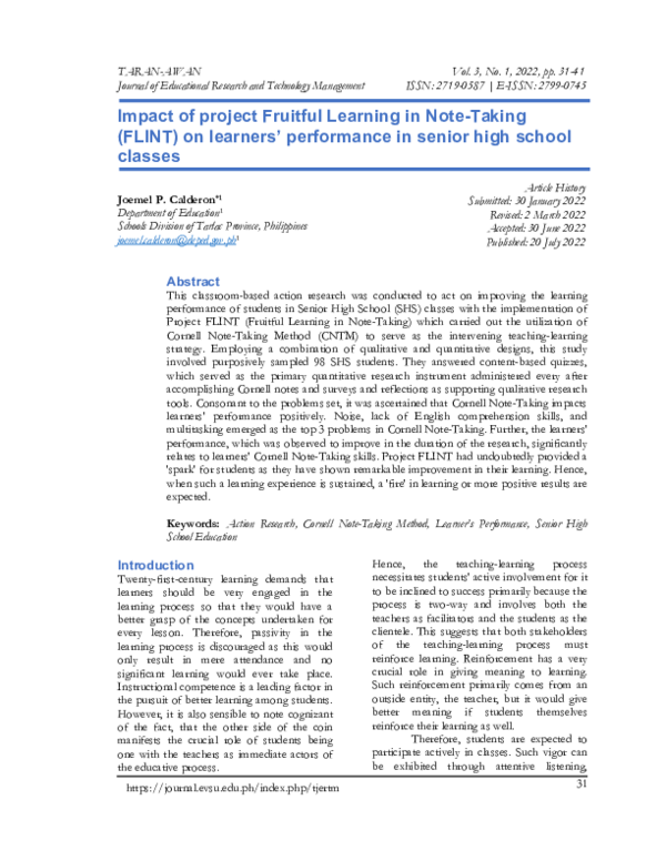 (PDF) Impact of project Fruitful Learning in Note-Taking (FLINT) on ...