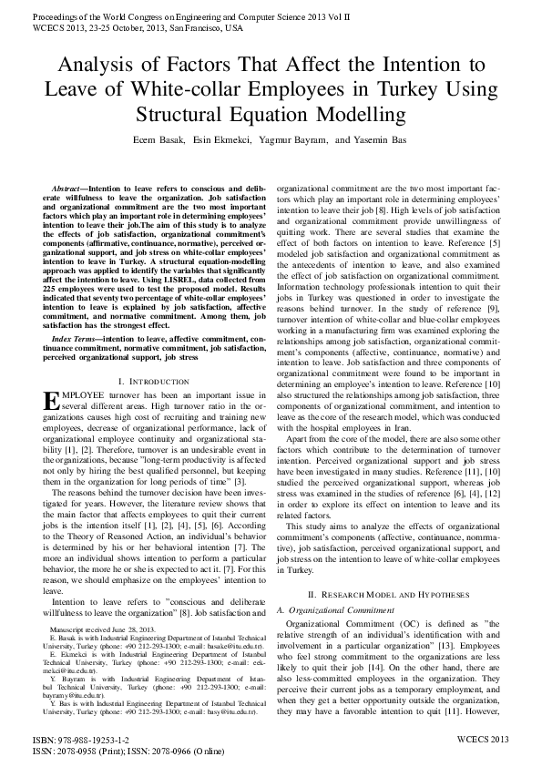 (PDF) Analysis of Factors That Affect the Intention to Leave of White-collar Employees in Turkey ...