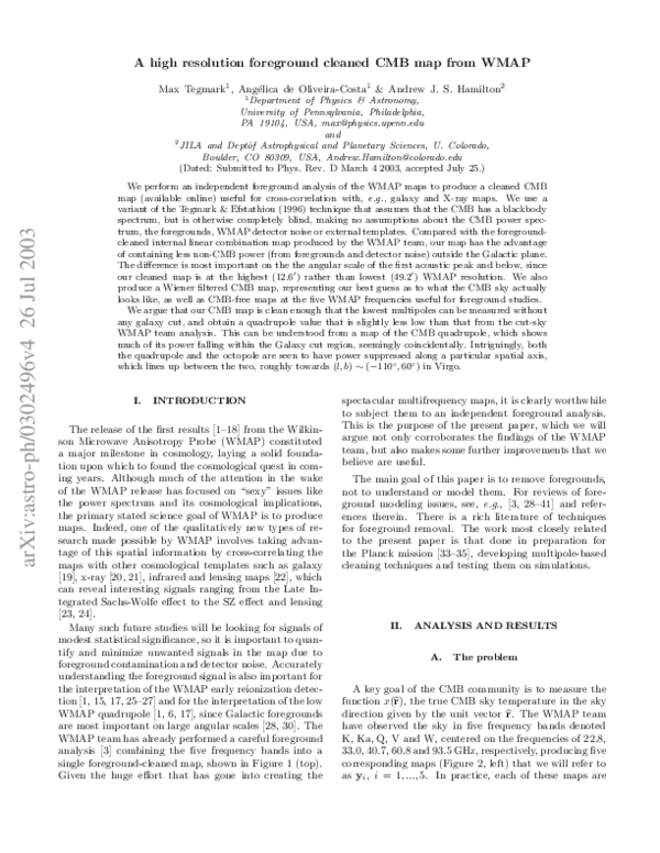 (PDF) High resolution foreground cleaned CMB map from WMAP