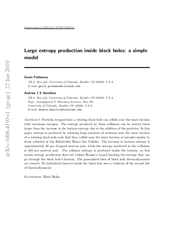 (PDF) Large entropy production inside black holes: a simple model