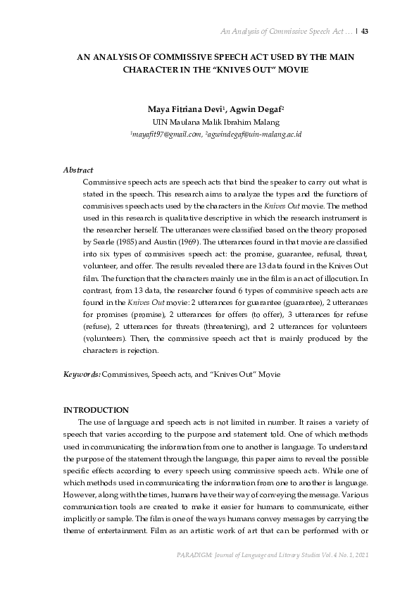 (PDF) An Analysis of Commissive Speech Act Used by the Main Character ...