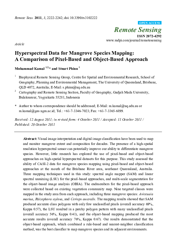 (PDF) Hyperspectral data for mangrove species mapping: A comparison of pixel-based and object ...