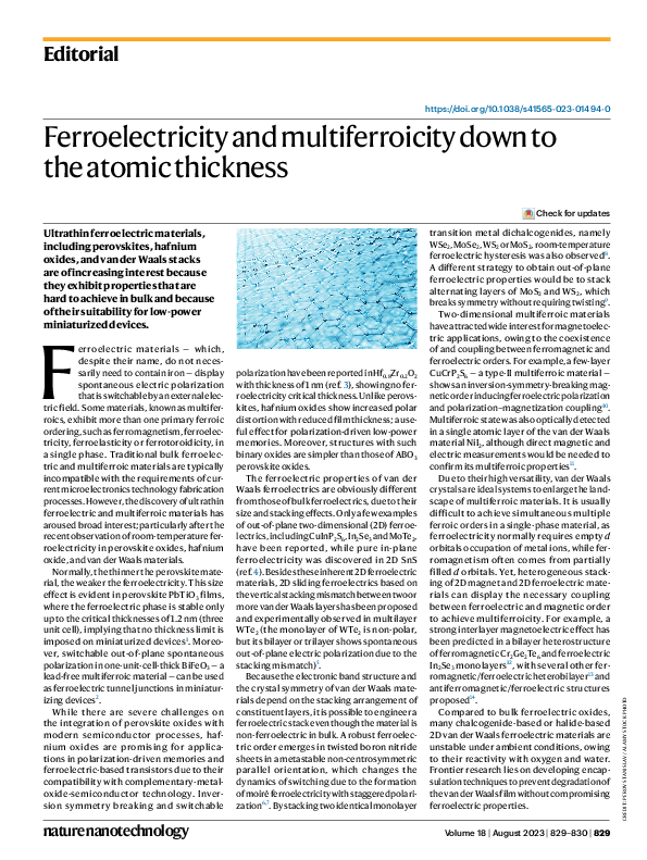 (PDF) Ferroelectricity and multiferroicity down to the atomic thickness