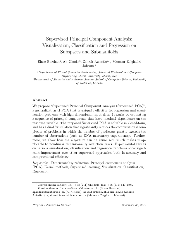 (PDF) Supervised principal component analysis: Visualization, classification and regression on ...