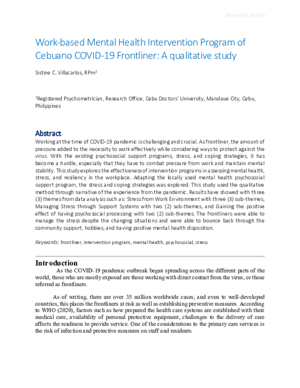 (PDF) Work-based Mental Health Intervention Program of Cebuano COVID-19 ...