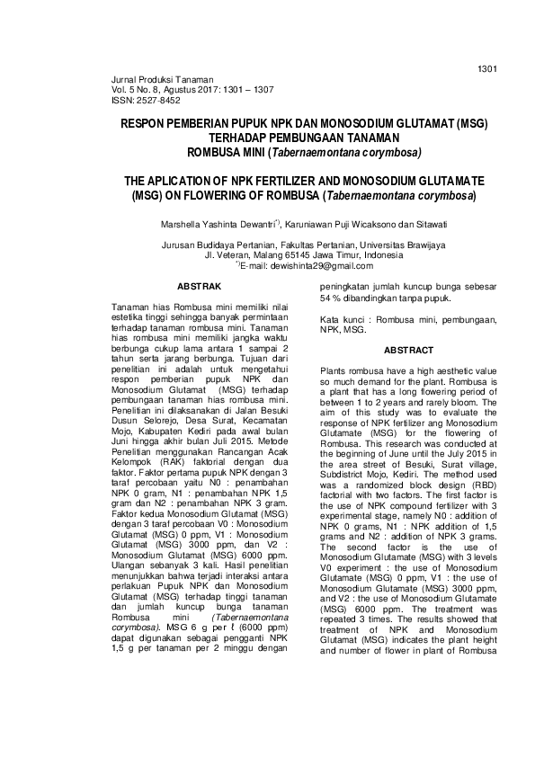 (PDF) RESPON PEMBERIAN PUPUK NPK DAN MONOSODIUM GLUTAMAT (MSG) TERHADAP PEMBUNGAAN TANAMAN ...