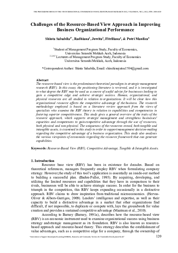 (PDF) Challenges of the Resource-Based View Approach in Improving ...