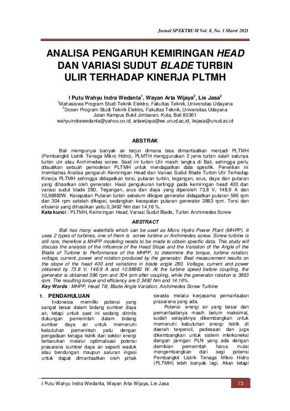 (PDF) Analisa Pengaruh Kemiringan Head Dan Variasi Sudut Blade Turbin Ulir Terhadap Kinerja PLTMH