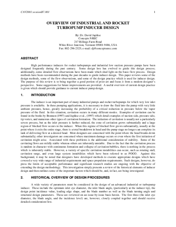 (PDF) Overview of Industrial and Rocket Turbopump Inducer Design