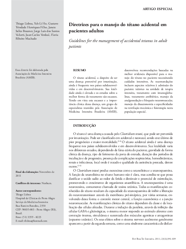 (PDF) Guidelines for the management of accidental tetanus in adult patients