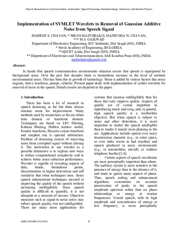 (PDF) Implementation of SYMLET wavelets to removal of Gaussian additive noise from speech signal