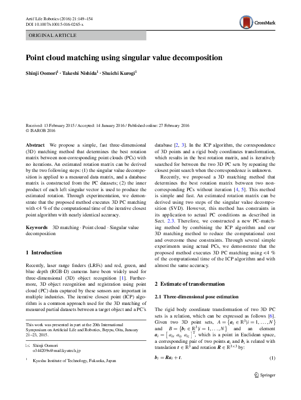 (PDF) Point cloud matching using singular value decomposition