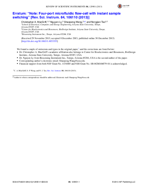 Pdf Erratum “note Four Port Microfluidic Flow Cell With Instant Sample Switching” [rev Sci