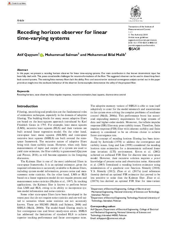 (PDF) Receding horizon observer for linear time-varying systems