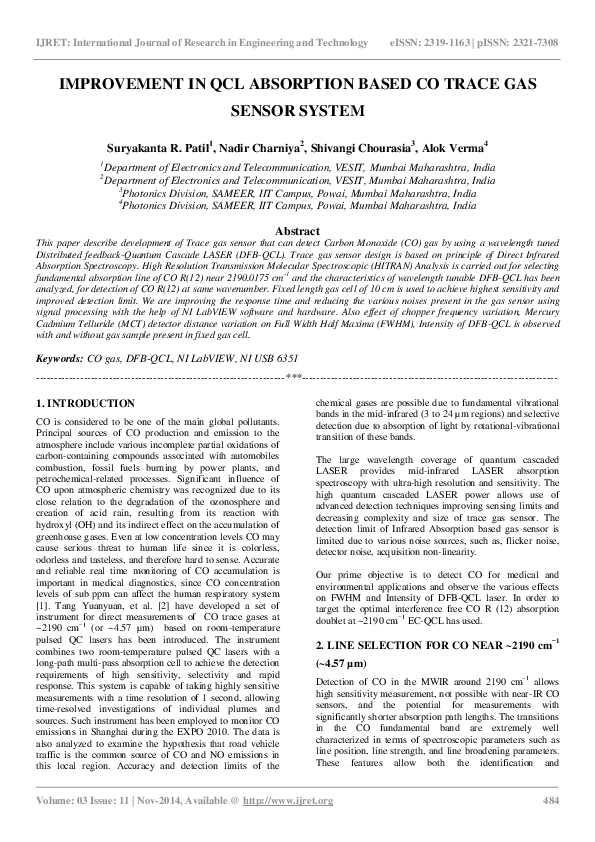 (PDF) Improvement in QCL Absorption Based Co Trace Gas Sensor System
