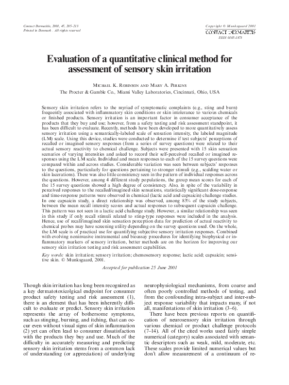 (PDF) Evaluation of a quantitative clinical method for assessment of sensory skin irritation