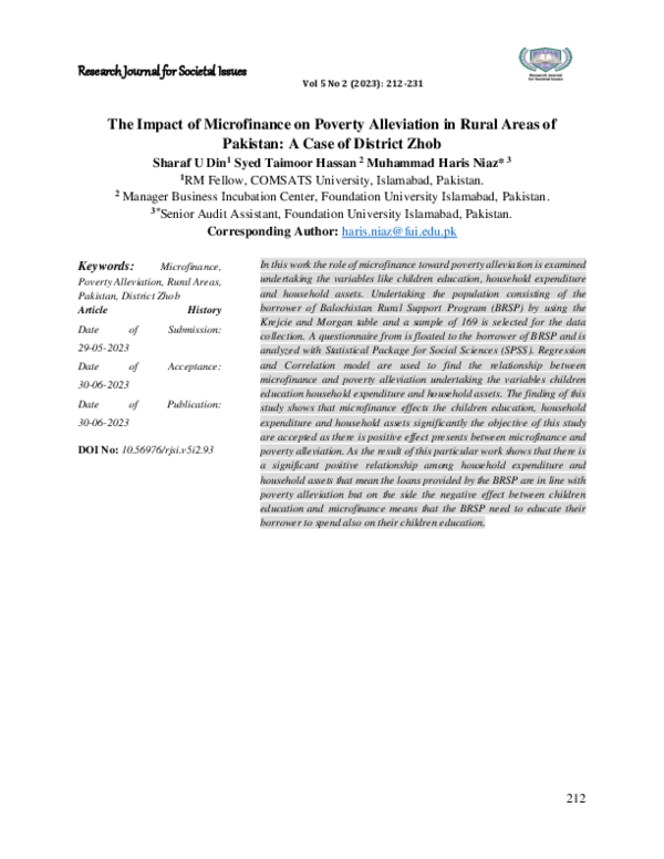 (PDF) Impact of ‏‏Microfinance on Poverty Alleviation in Rural Areas of Pakistan: A Case of ...