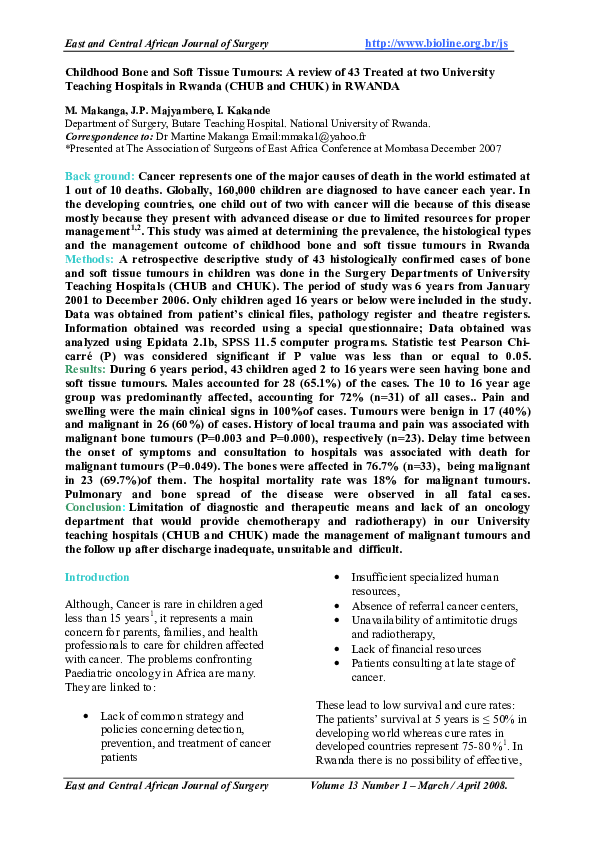 (PDF) Childhood Bone and Soft Tissue Tumours: A review of 43 Treated at ...