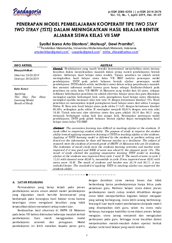 (PDF) Penerapan Model Pembelajaran Kooperatif Tipe Two Stay Two Stray ...
