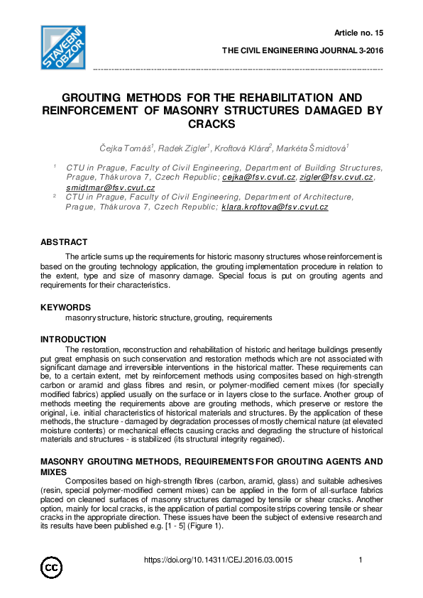 (PDF) Grouting Methods for the Rehabilitation and Reinforcement of Masonry Structures Damaged by ...