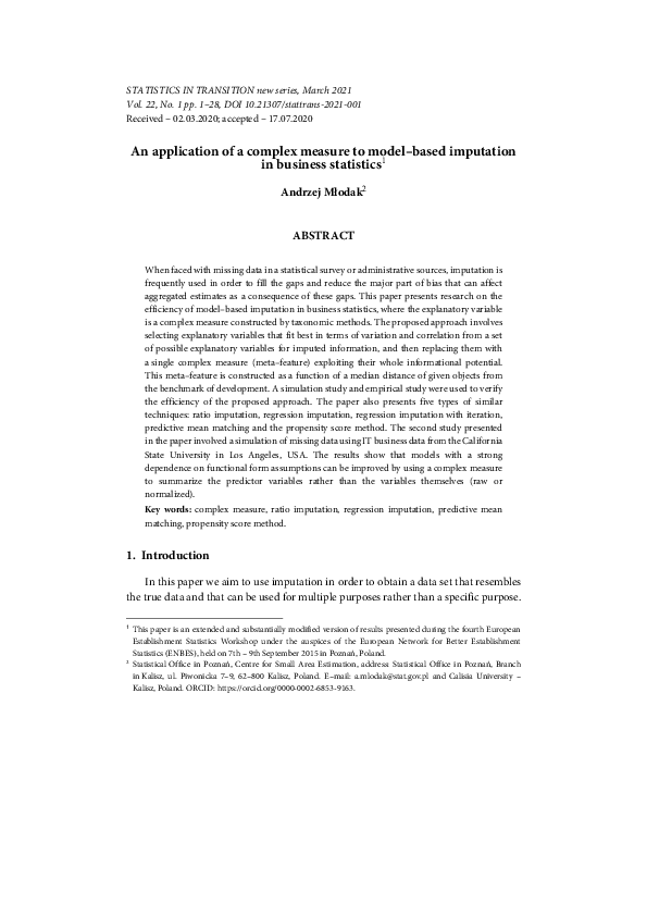 (PDF) An application of a complex measure to model–based imputation in business statistics1