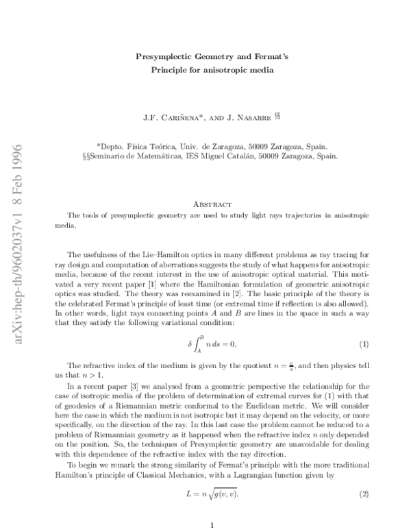 (PDF) Presymplectic geometry and Fermat's principle for anisotropic media