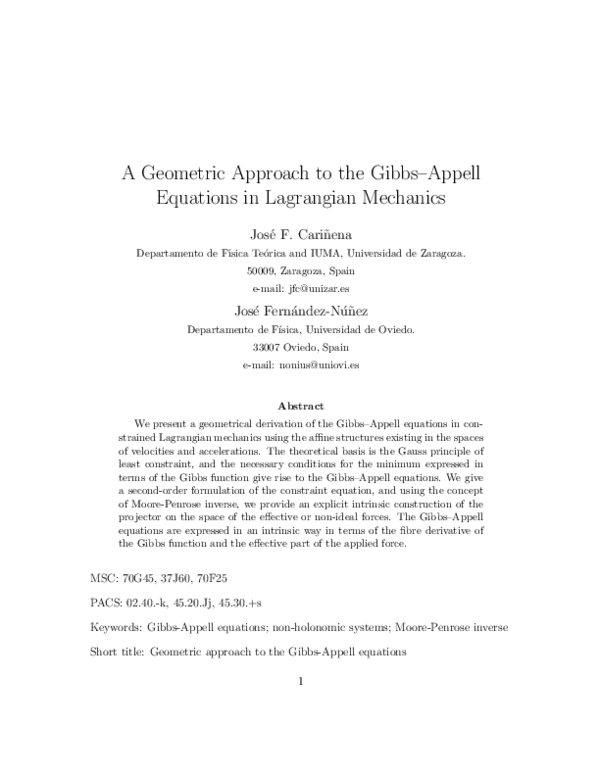 (PDF) A geometric approach to the Gibbs–Appell equations in Lagrangian mechanics