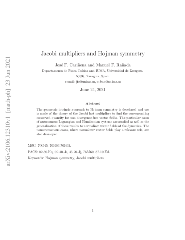 (PDF) Jacobi multipliers and Hojman symmetry