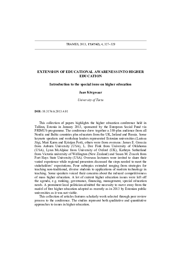(PDF) EXTENSION OF EDUCATIONAL AWARENESS INTO HIGHER EDUCATION ...