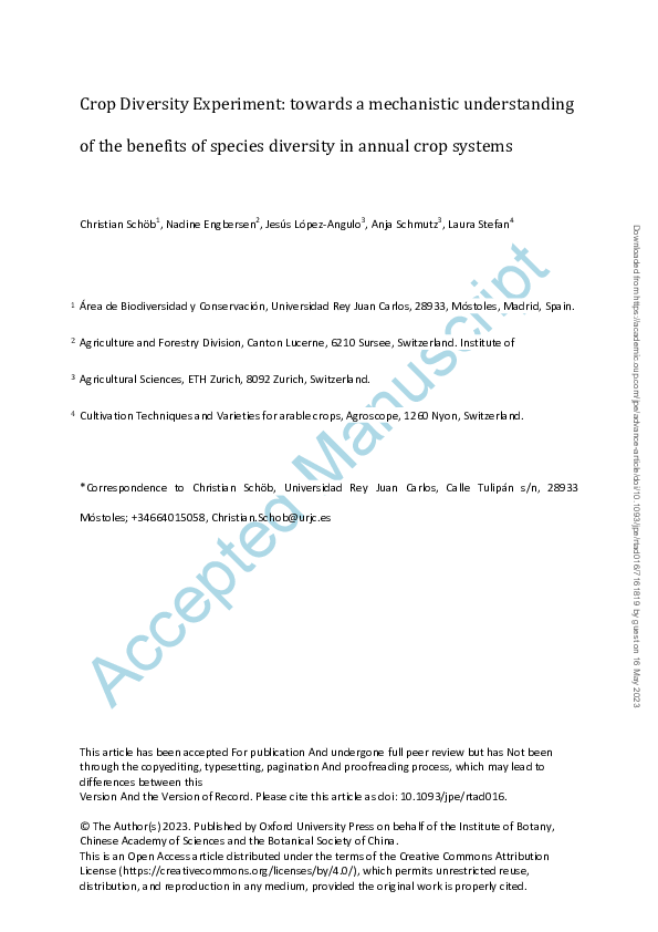(PDF) Crop Diversity Experiment: towards a mechanistic understanding of ...