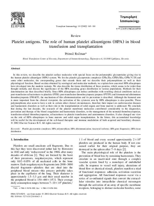 (PDF) Platelet antigens. The role of human platelet alloantigens (HPA ...