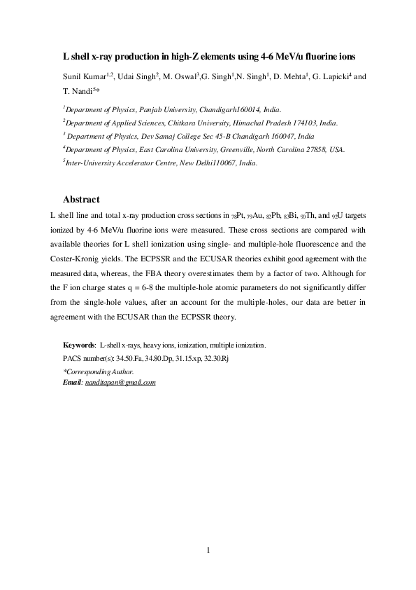 (PDF) L shell x ray production in high-Z elements using 4–6MeV/u ...