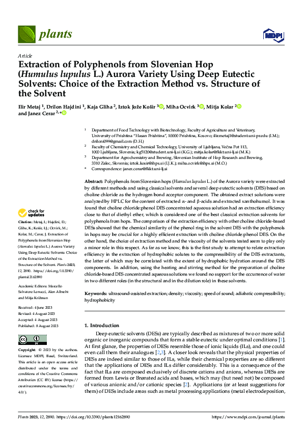 (PDF) Extraction of Polyphenols from Slovenian Hop (Humulus lupulus L.) Aurora Variety Using ...