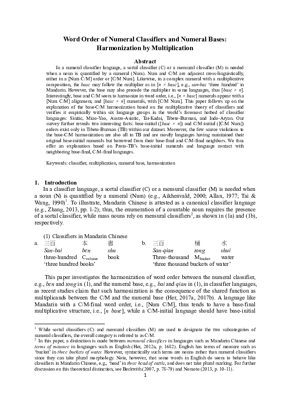 (PDF) Word order of numeral classifiers and numeral bases