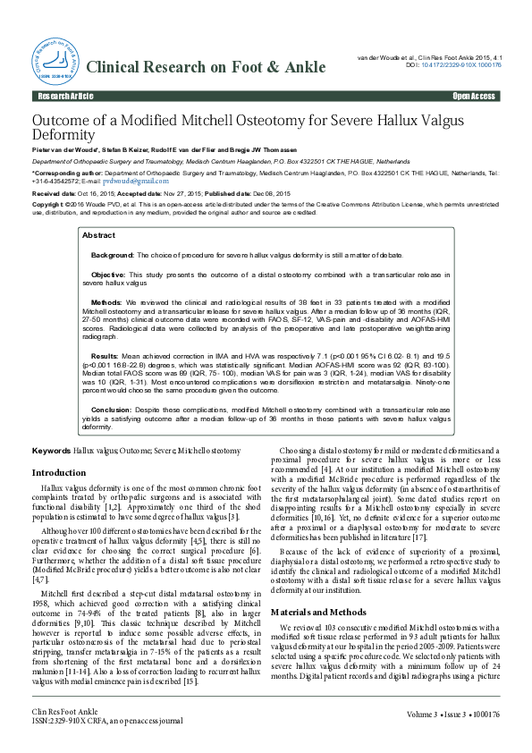 (PDF) Outcome of a Modified Mitchell Osteotomy for Severe Hallux Valgus ...